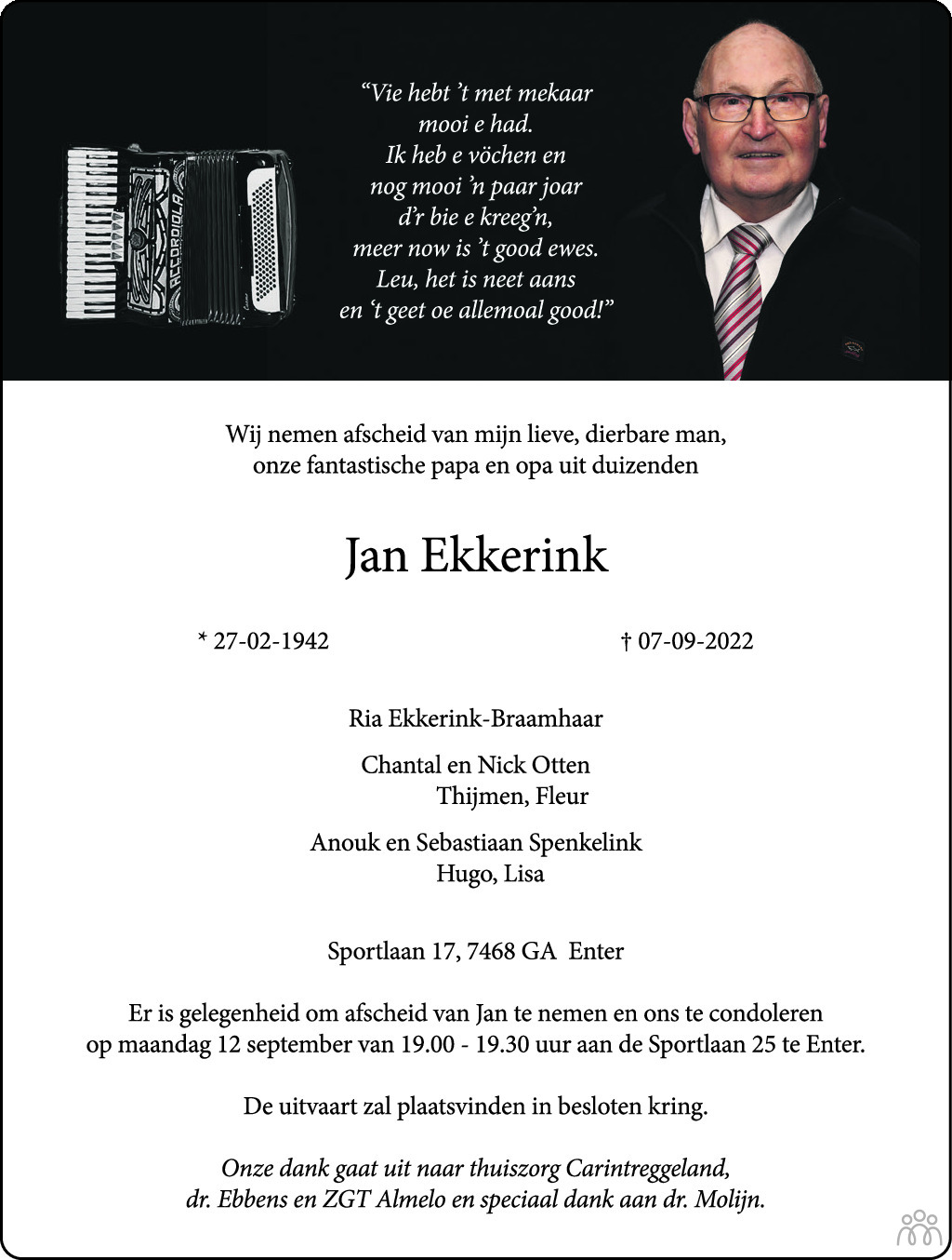Jan Ekkerink 07-09-2022 overlijdensbericht en condoleances - Mensenlinq.nl