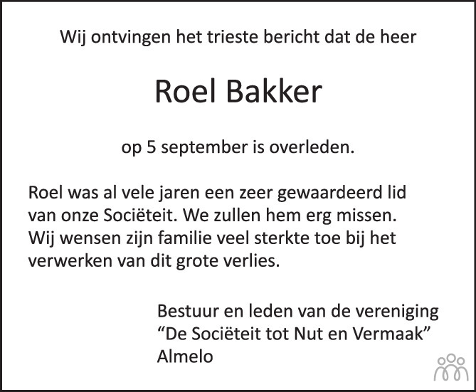 Roel Bakker 05-09-2022 overlijdensbericht en condoleances - Mensenlinq.nl Roel Bakker 05-09-2022 overlijdensbericht en condoleances - Mensenlinq.nl