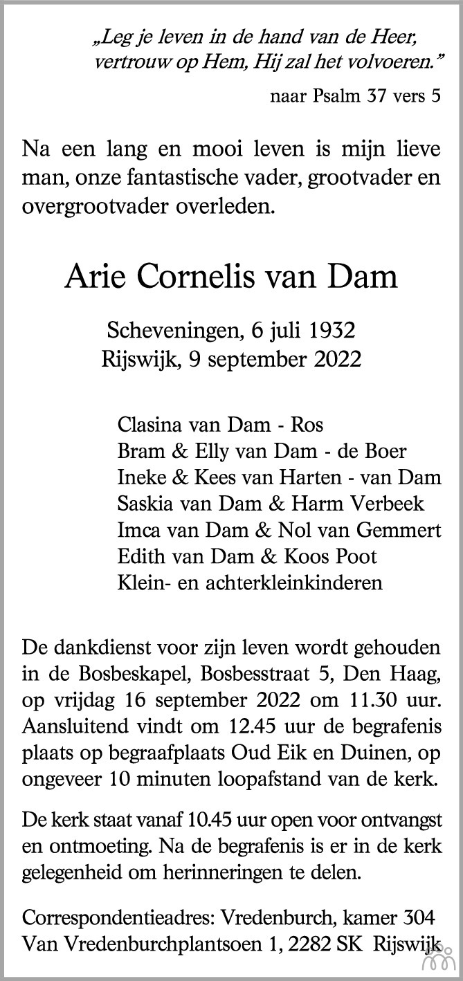 Arie Cornelis van Dam 09-09-2022 overlijdensbericht en condoleances ...