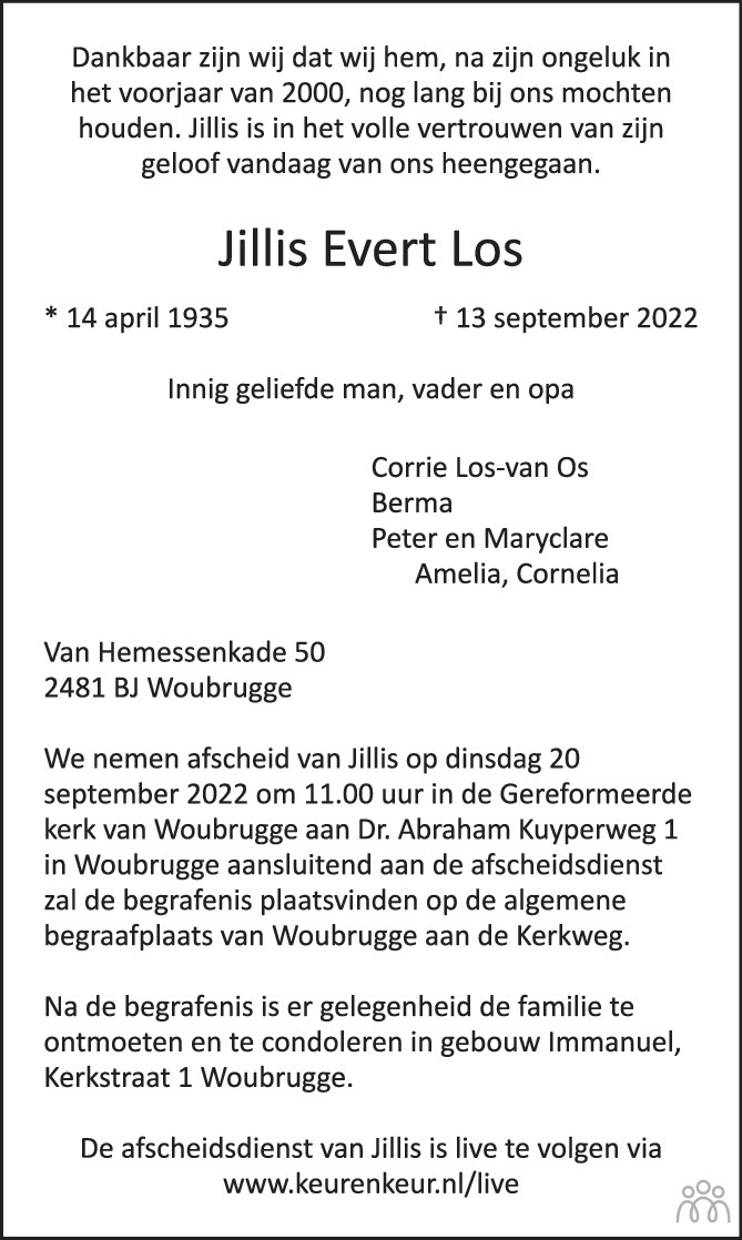 Jillis Evert Los 13-09-2022 overlijdensbericht en condoleances ...