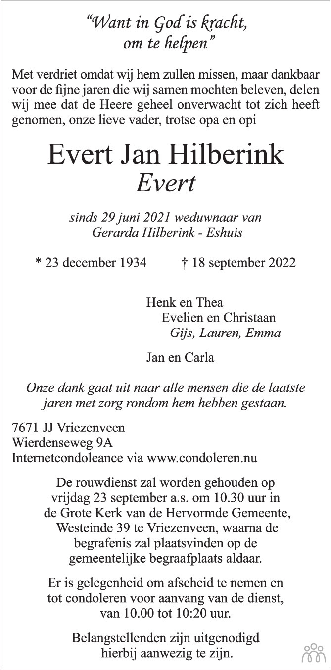 Evert Jan (Evert) Hilberink 18-09-2022 overlijdensbericht en condoleances - Mensenlinq.nl