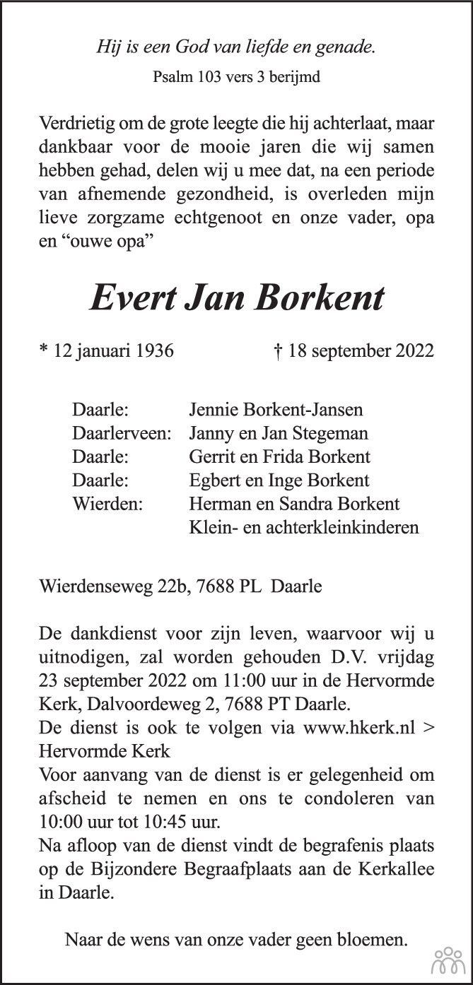 Evert Jan Borkent 18-09-2022 overlijdensbericht en condoleances - Mensenlinq.nl