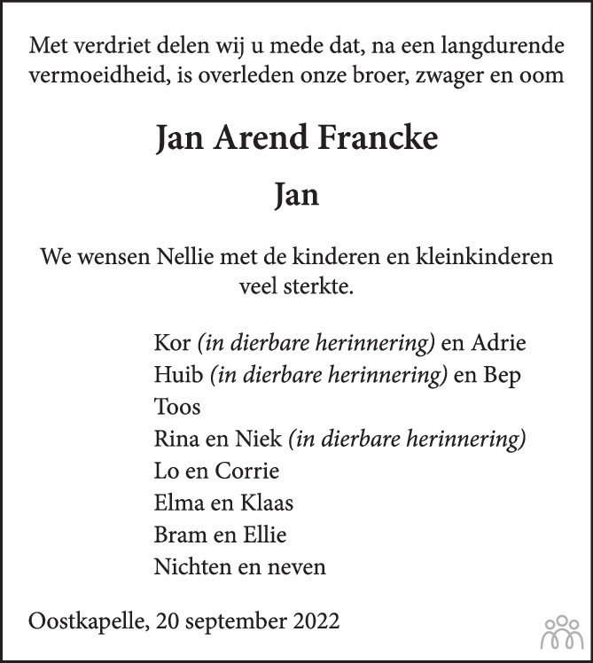 Jan Arend Francke 20-09-2022 overlijdensbericht en condoleances - Mensenlinq.nl