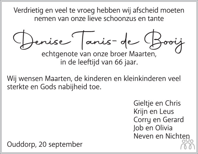 Denise Tanis-de Booij 20-09-2022 overlijdensbericht en condoleances ...