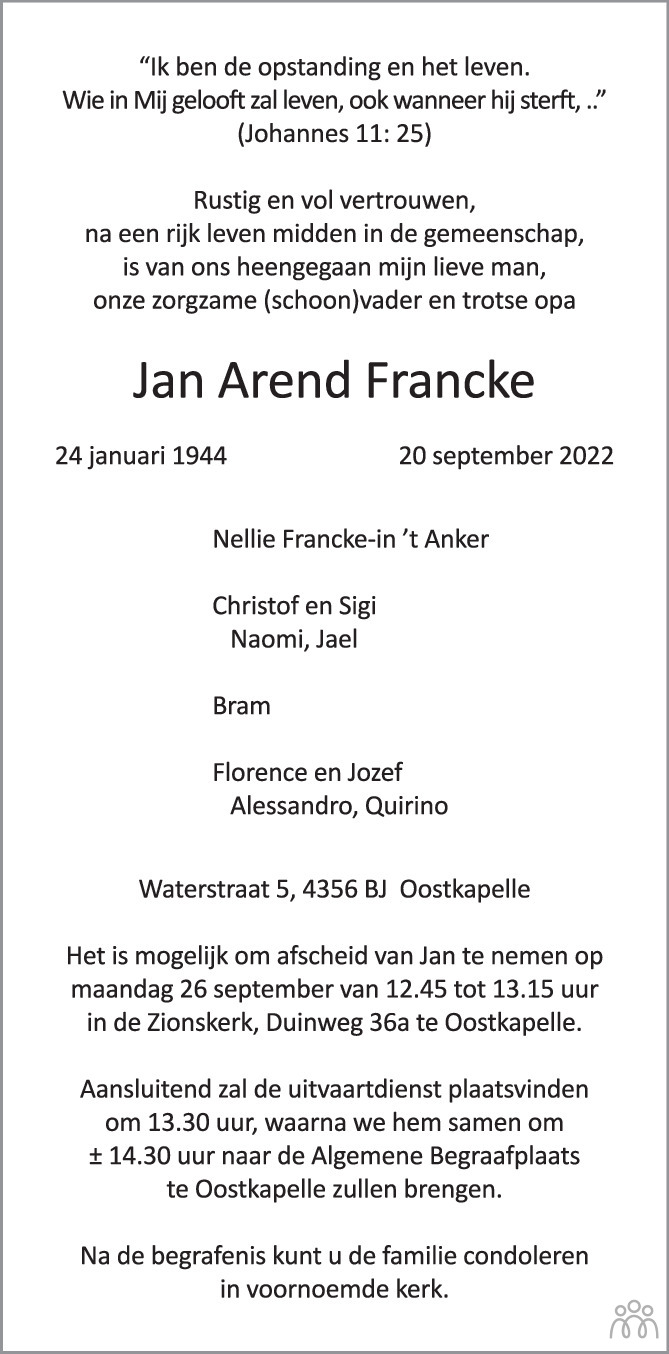 Jan Arend Francke 20-09-2022 overlijdensbericht en condoleances ...