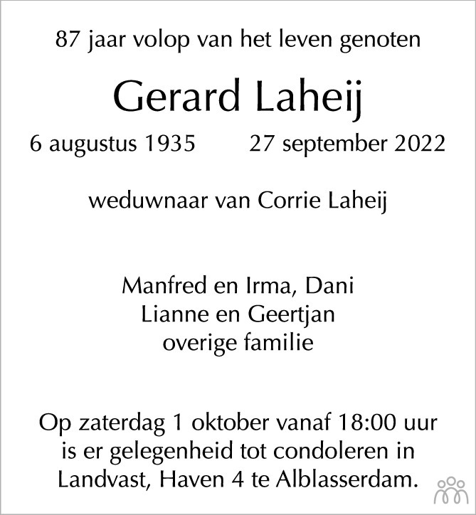 Gerard Laheij 27-09-2022 overlijdensbericht en condoleances - Mensenlinq.nl