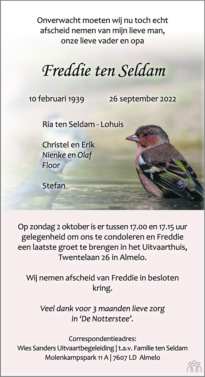 Freddie ten Seldam 26-09-2022 overlijdensbericht en condoleances ...