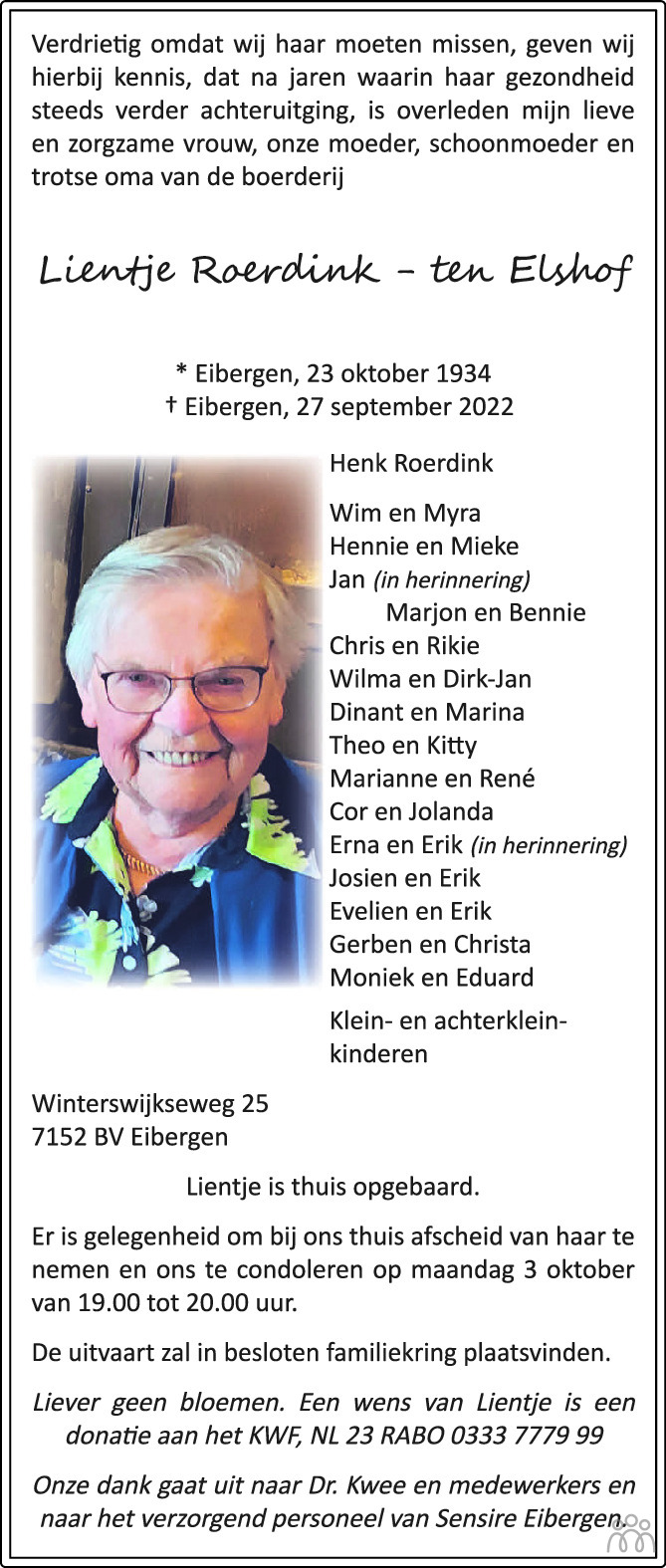 Lientje Roerdink-ten Elshof 27-09-2022 overlijdensbericht en ...