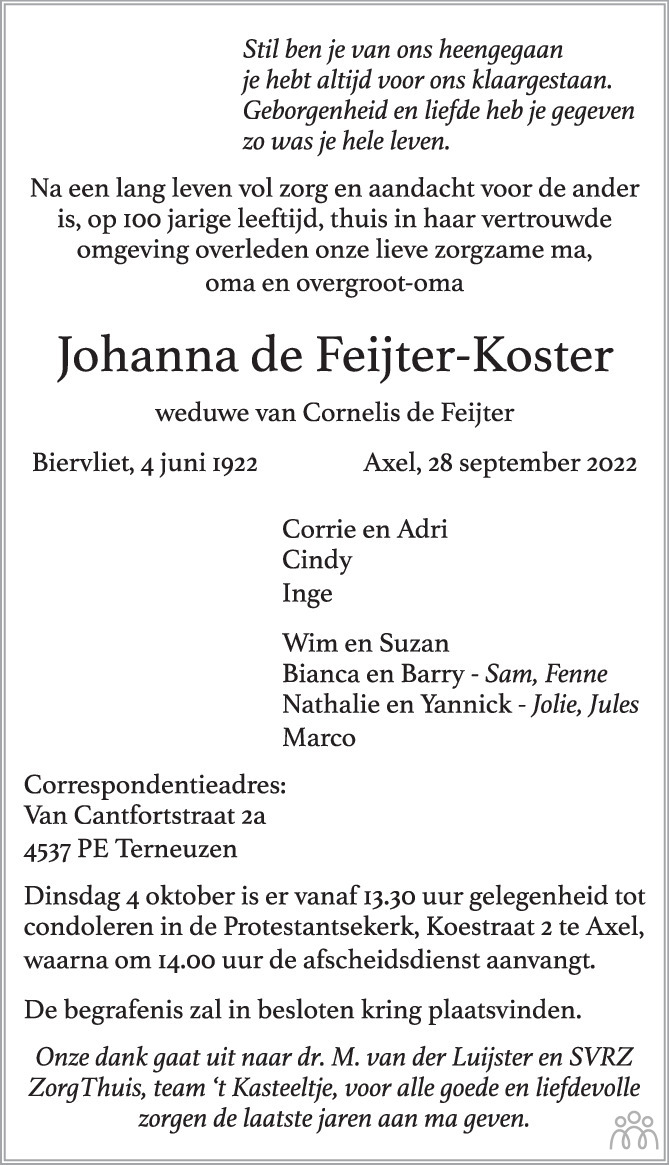 Johanna de Feijter-Koster 28-09-2022 overlijdensbericht en condoleances ...