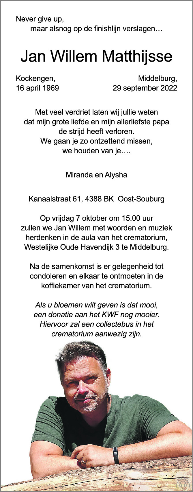 Jan Willem Matthijsse 29-09-2022 overlijdensbericht en condoleances ...