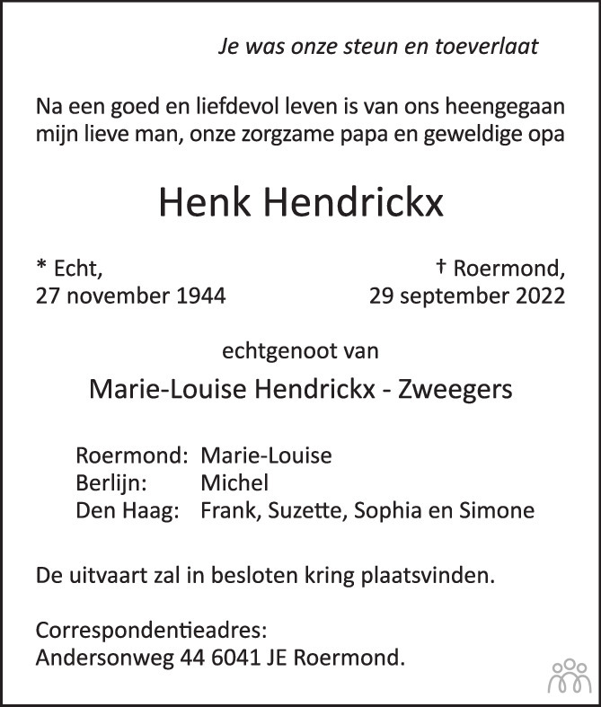 Henk Hendrickx 29-09-2022 overlijdensbericht en condoleances ...