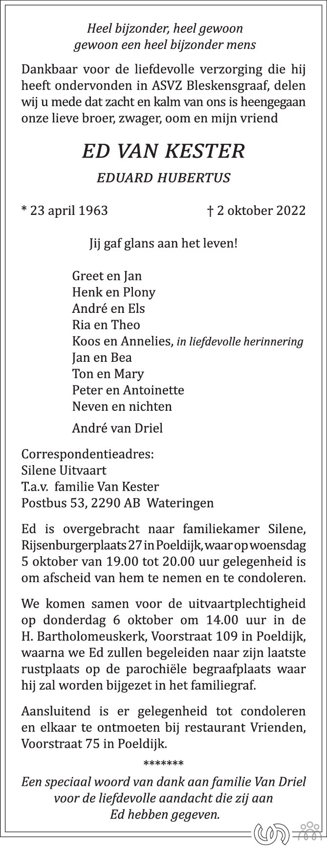 Ed (Eduard Hubertus) van Kester 02-10-2022 overlijdensbericht en ...