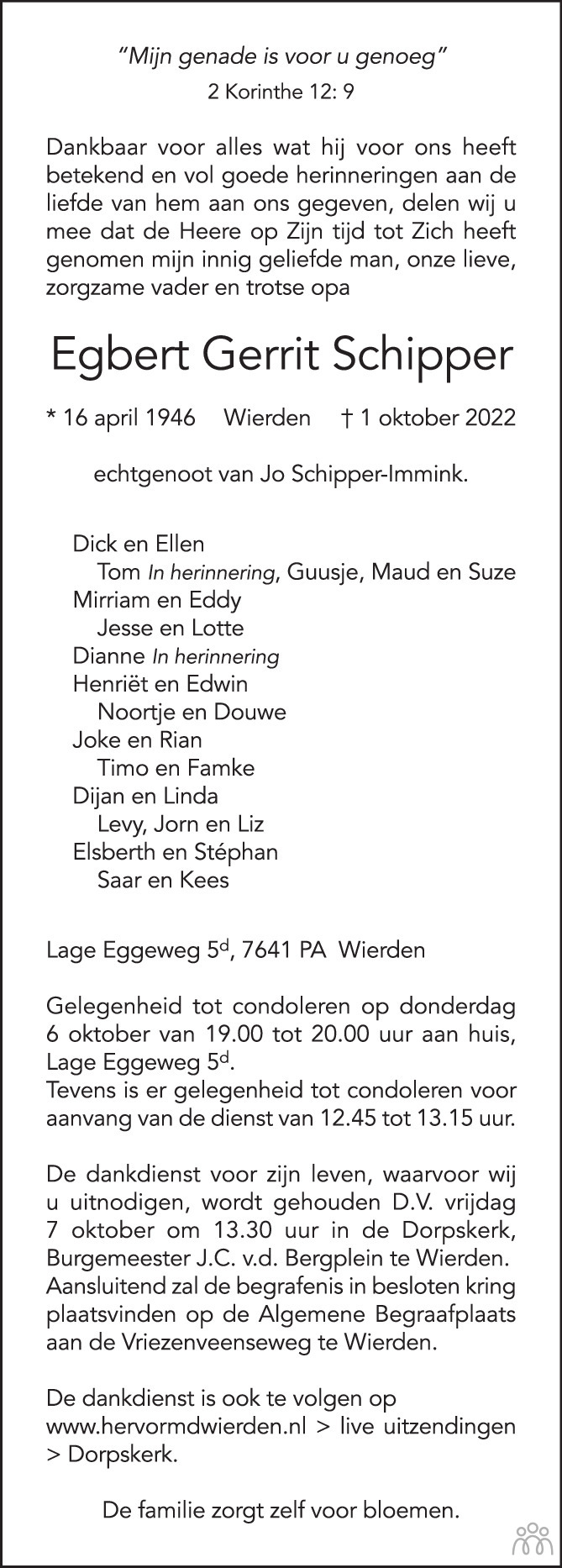 Egbert Gerrit Schipper 01-10-2022 overlijdensbericht en condoleances ...
