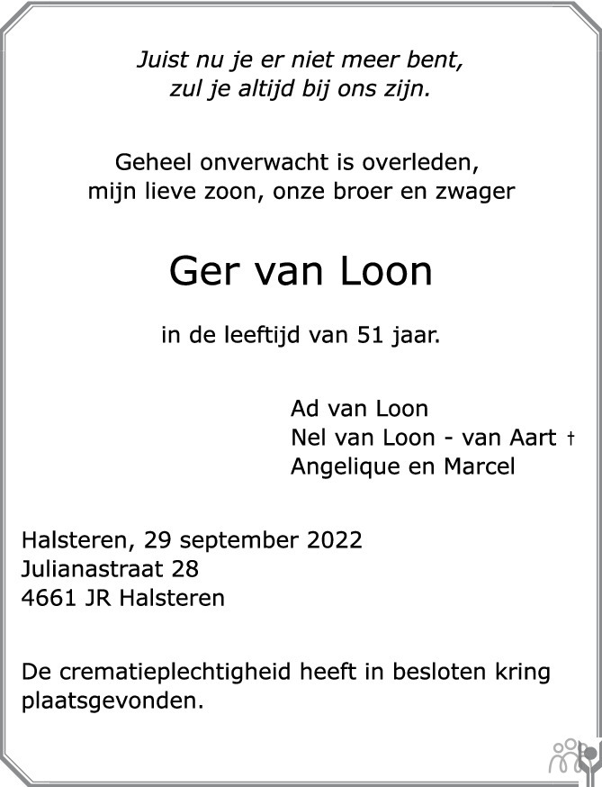 Ger van Loon 29-09-2022 overlijdensbericht en condoleances - Mensenlinq.nl