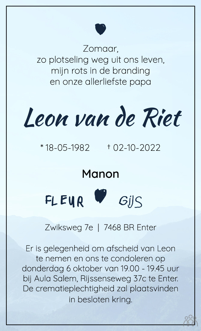Leon van de Riet 02-10-2022 overlijdensbericht en condoleances ...