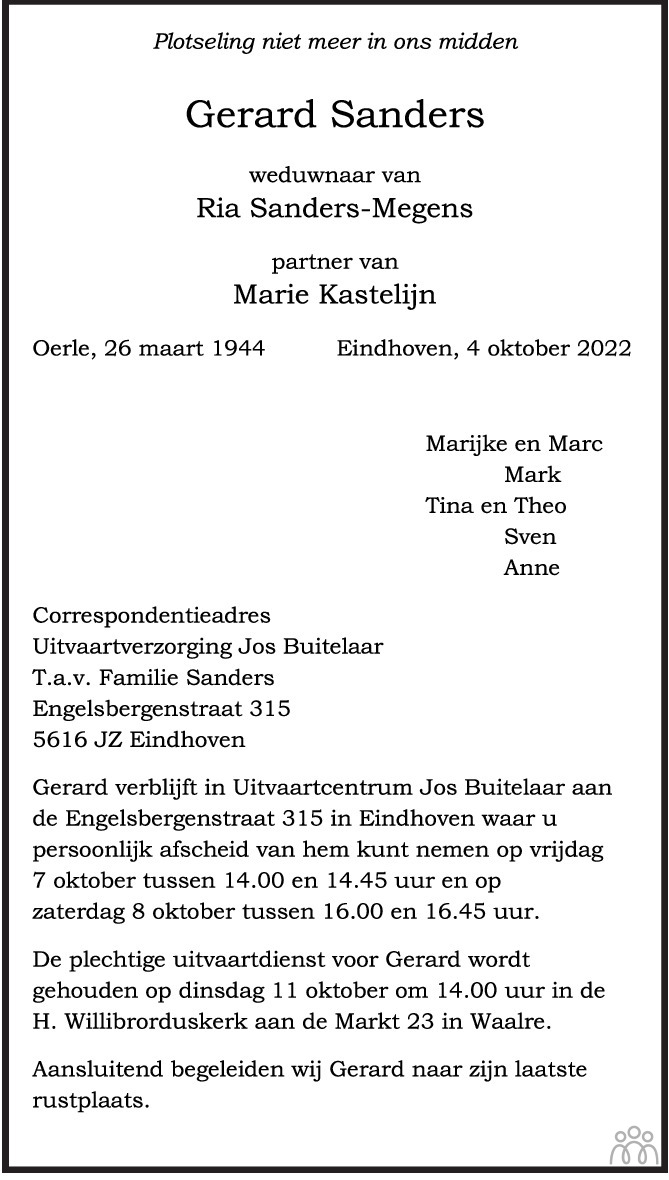Gerard Sanders 04-10-2022 overlijdensbericht en condoleances ...