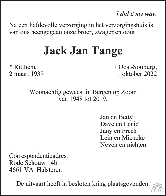 Jack Jan Tange 01-10-2022 overlijdensbericht en condoleances ...
