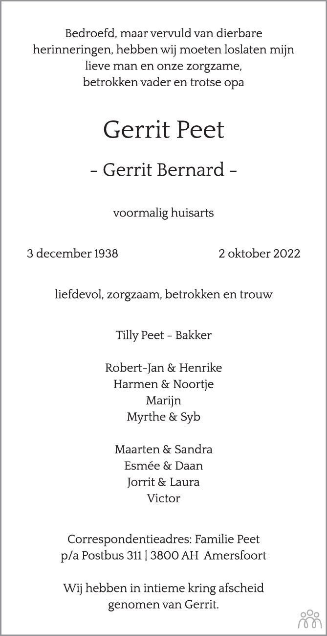 Gerrit Bernard Peet 02-10-2022 overlijdensbericht en condoleances ...
