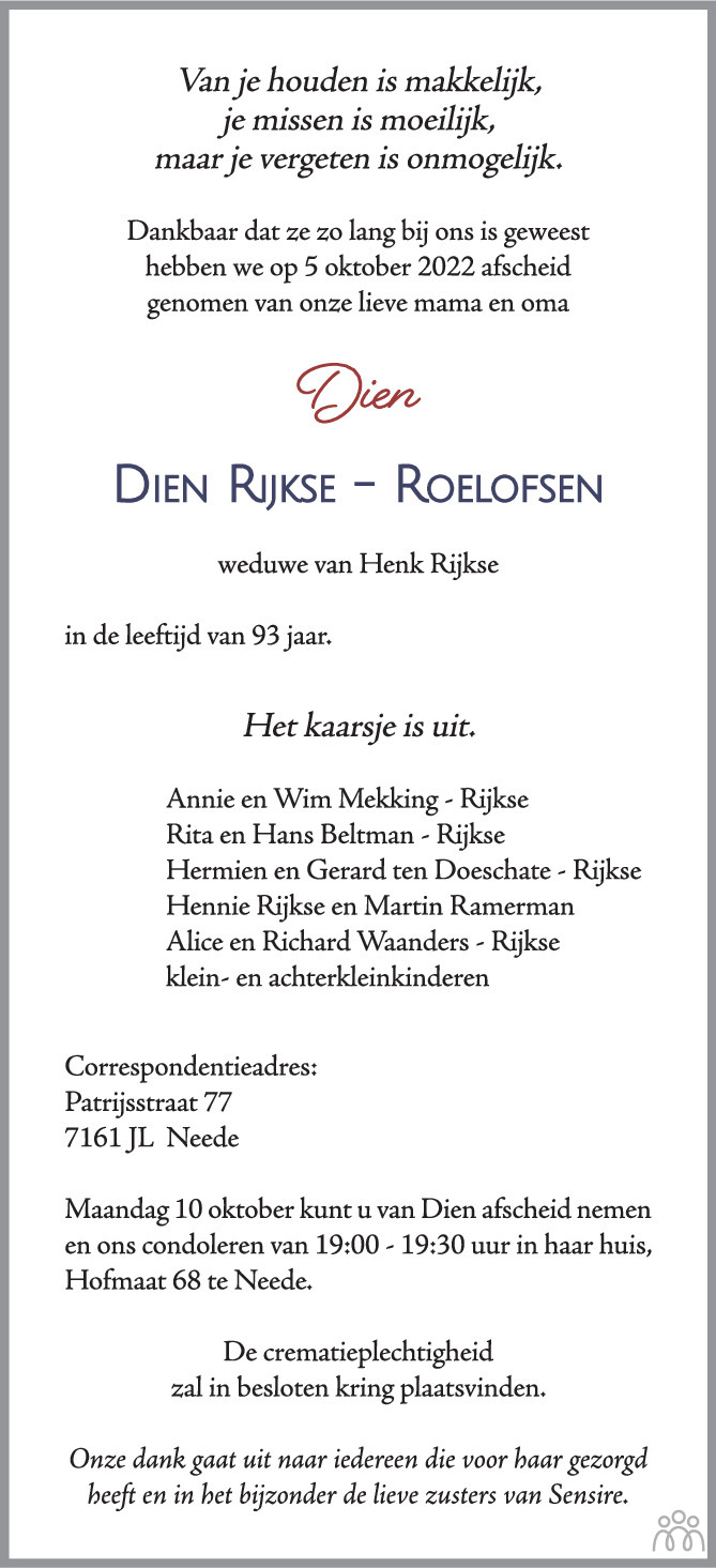 Dien Rijkse-Roelofsen 05-10-2022 overlijdensbericht en condoleances ...