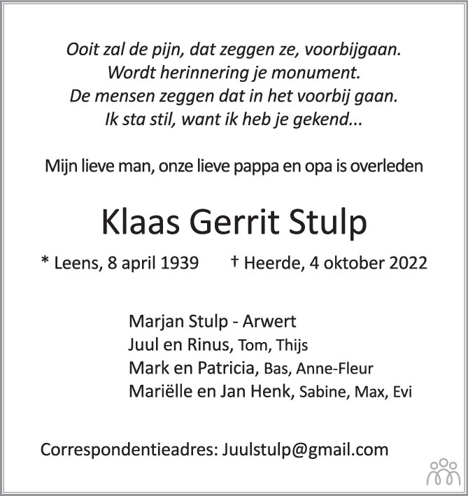 Klaas Gerrit Stulp 04-10-2022 overlijdensbericht en condoleances ...