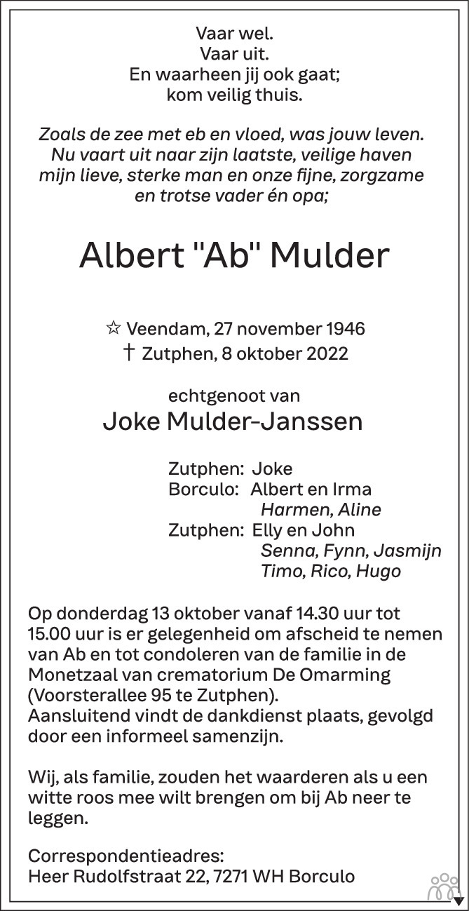 Albert (Ab) Mulder 08-10-2022 overlijdensbericht en condoleances ...