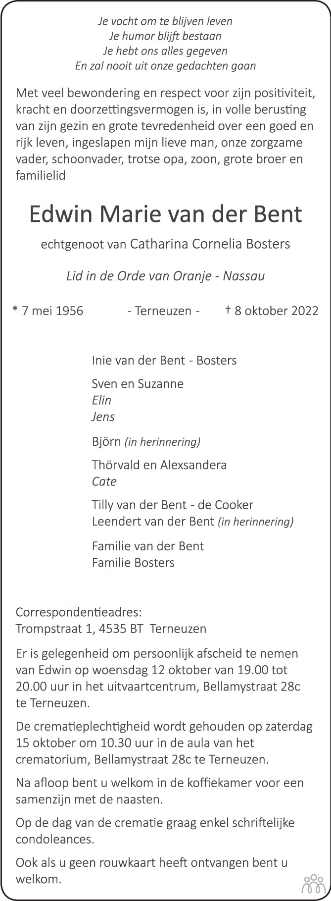 Edwin Marie van der Bent 08-10-2022 overlijdensbericht en condoleances ...