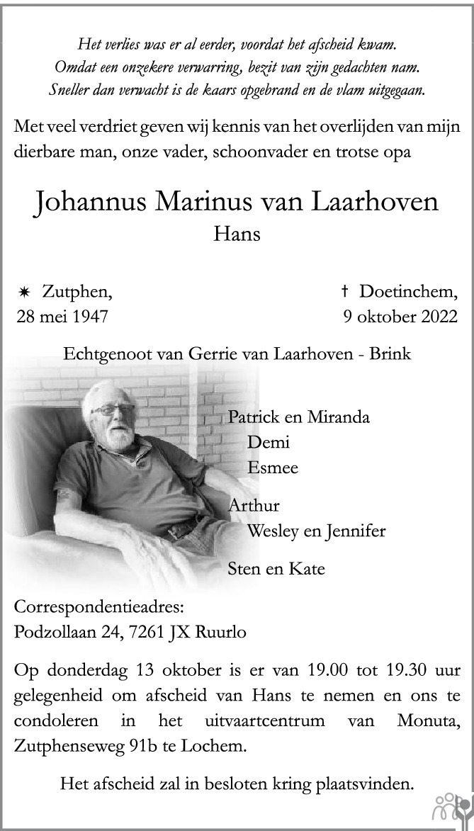 Johannus Marinus (Hans) van Laarhoven 09-10-2022 overlijdensbericht en ...