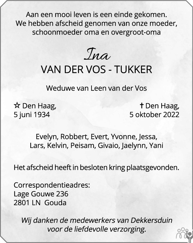 Ina van der Vos-Tukker 05-10-2022 overlijdensbericht en condoleances ...