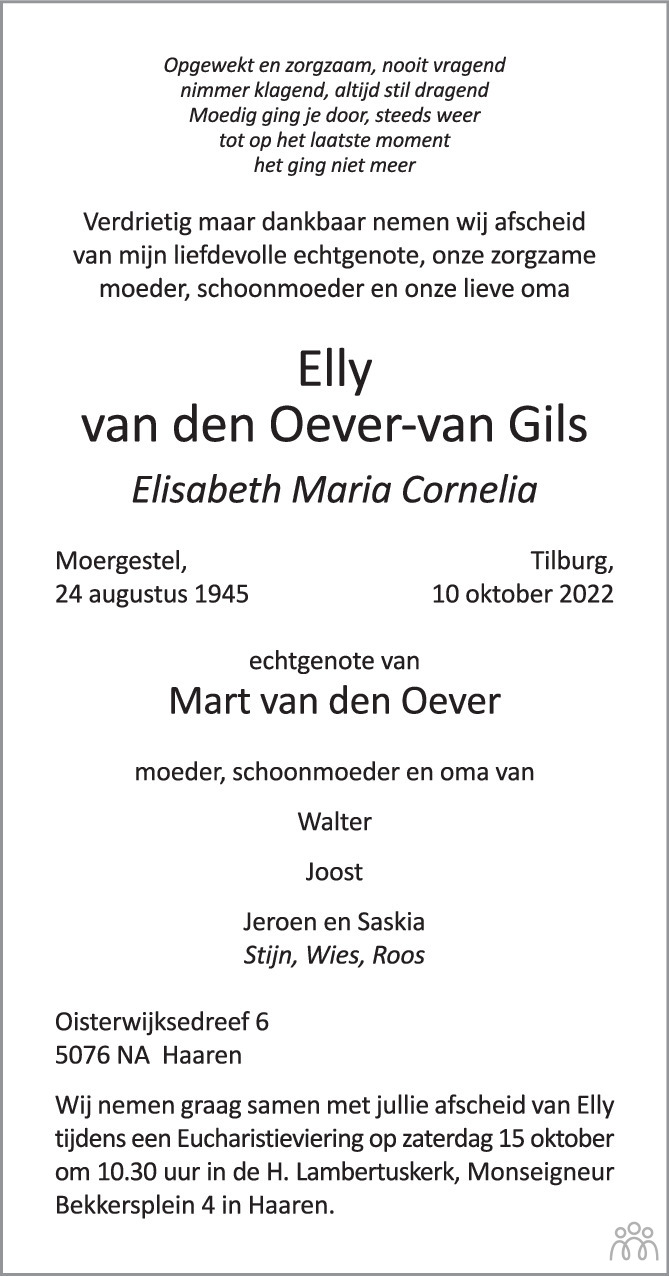 Elly (Elisabeth Maria Cornelia) van den Oever-van Gils 10-10-2022 ...