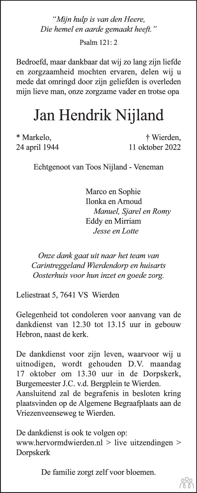 Jan Hendrik Nijland 11-10-2022 overlijdensbericht en condoleances ...