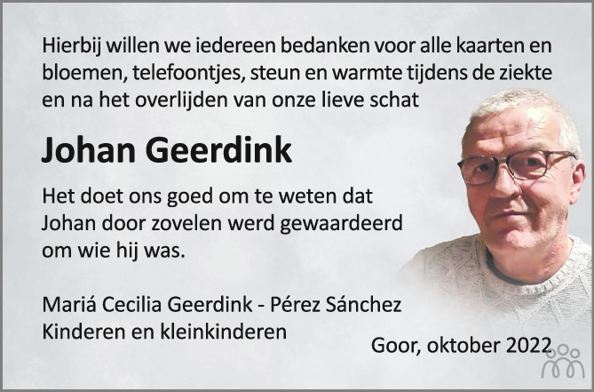 Johan Geerdink 04-09-2022 overlijdensbericht en condoleances - Mensenlinq.nl