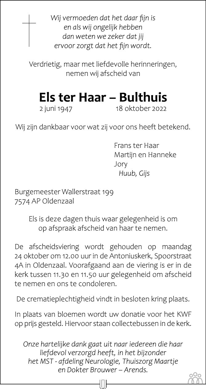 Els ter Haar-Bulthuis 18-10-2022 overlijdensbericht en condoleances ...