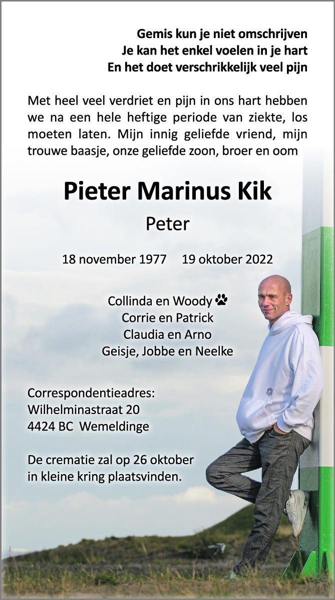 Pieter Marinus (Peter) Kik 19-10-2022 overlijdensbericht en condoleances - Mensenlinq.nl