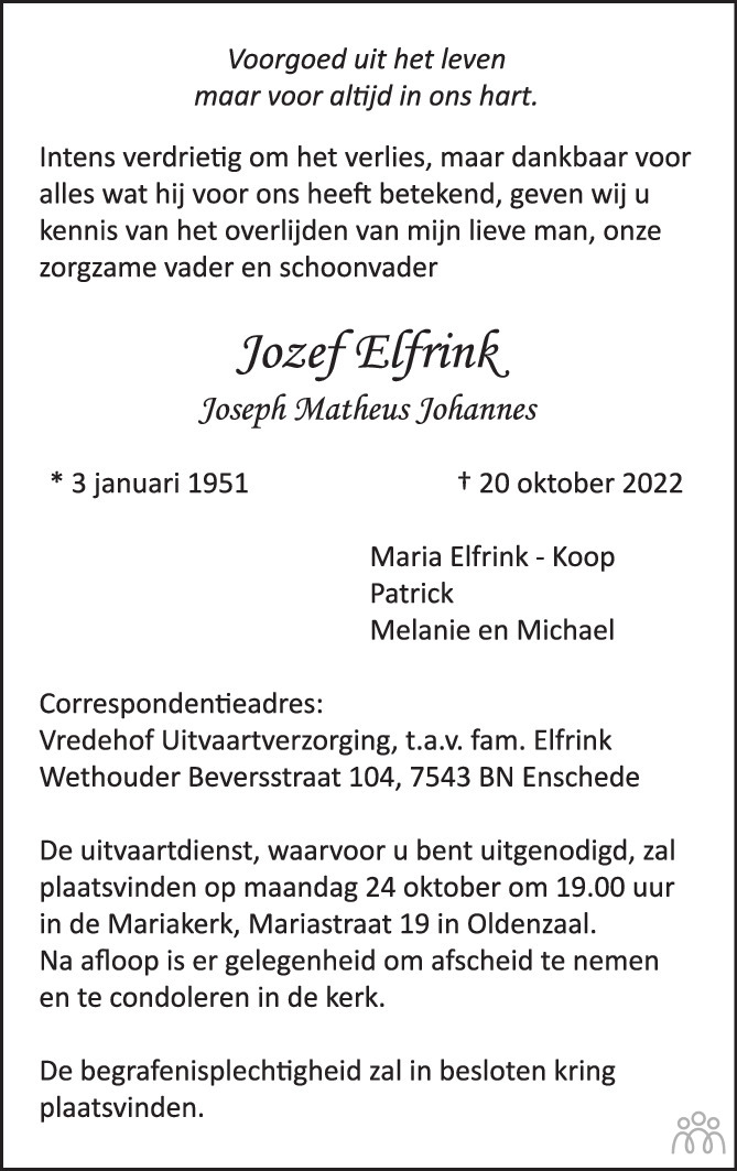 Jozef (Joseph Matheus Johannes) Elfrink 20-10-2022 overlijdensbericht ...