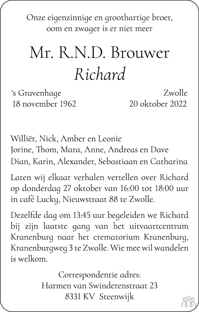 R.N.D. (Richard) Brouwer 20-10-2022 overlijdensbericht en condoleances ...
