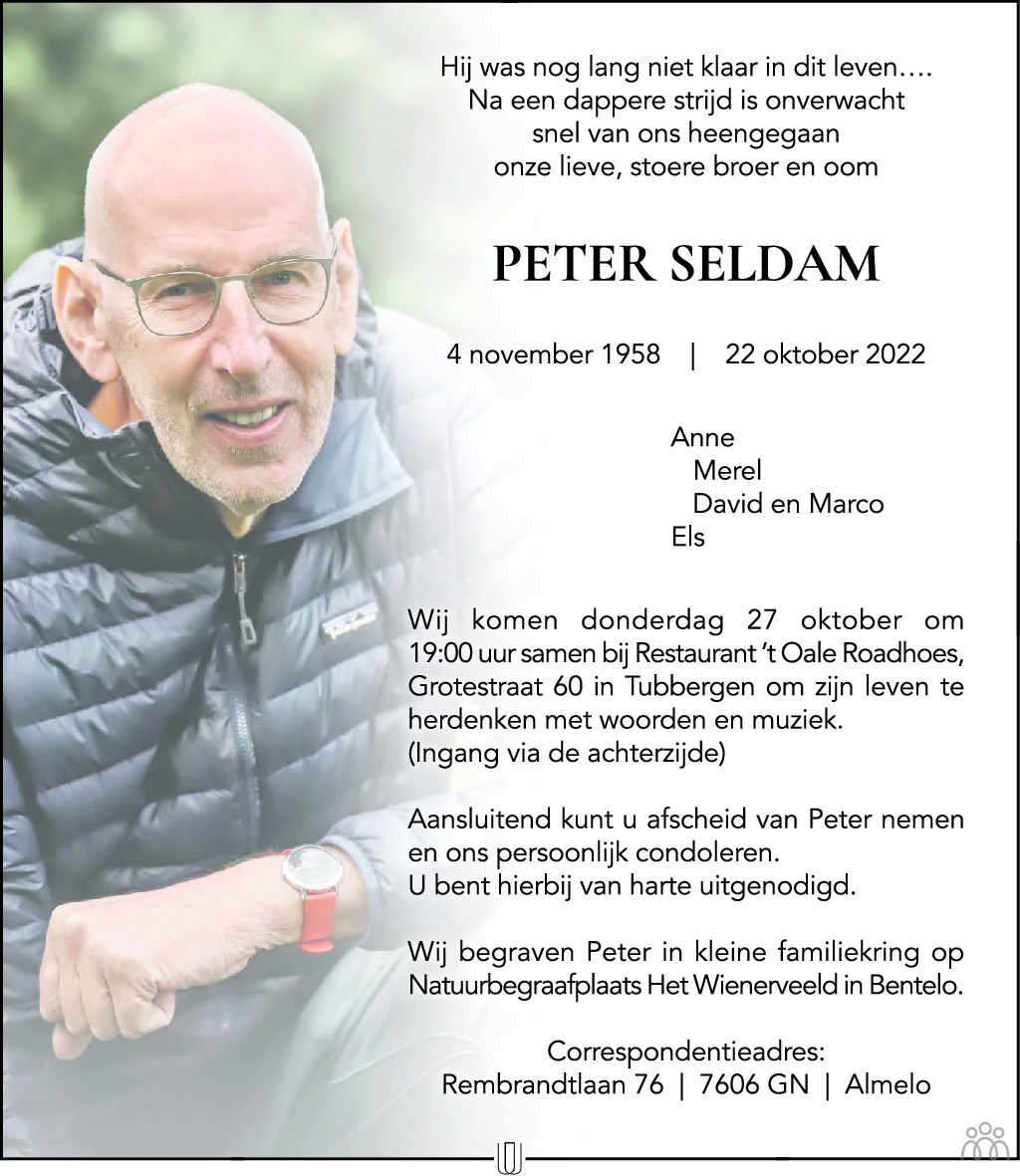 Peter Seldam 22-10-2022 overlijdensbericht en condoleances - Mensenlinq.nl