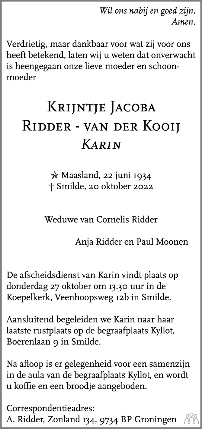 Krijntje Jacoba (Karin) Ridder-van der Kooij 20-10-2022 ...