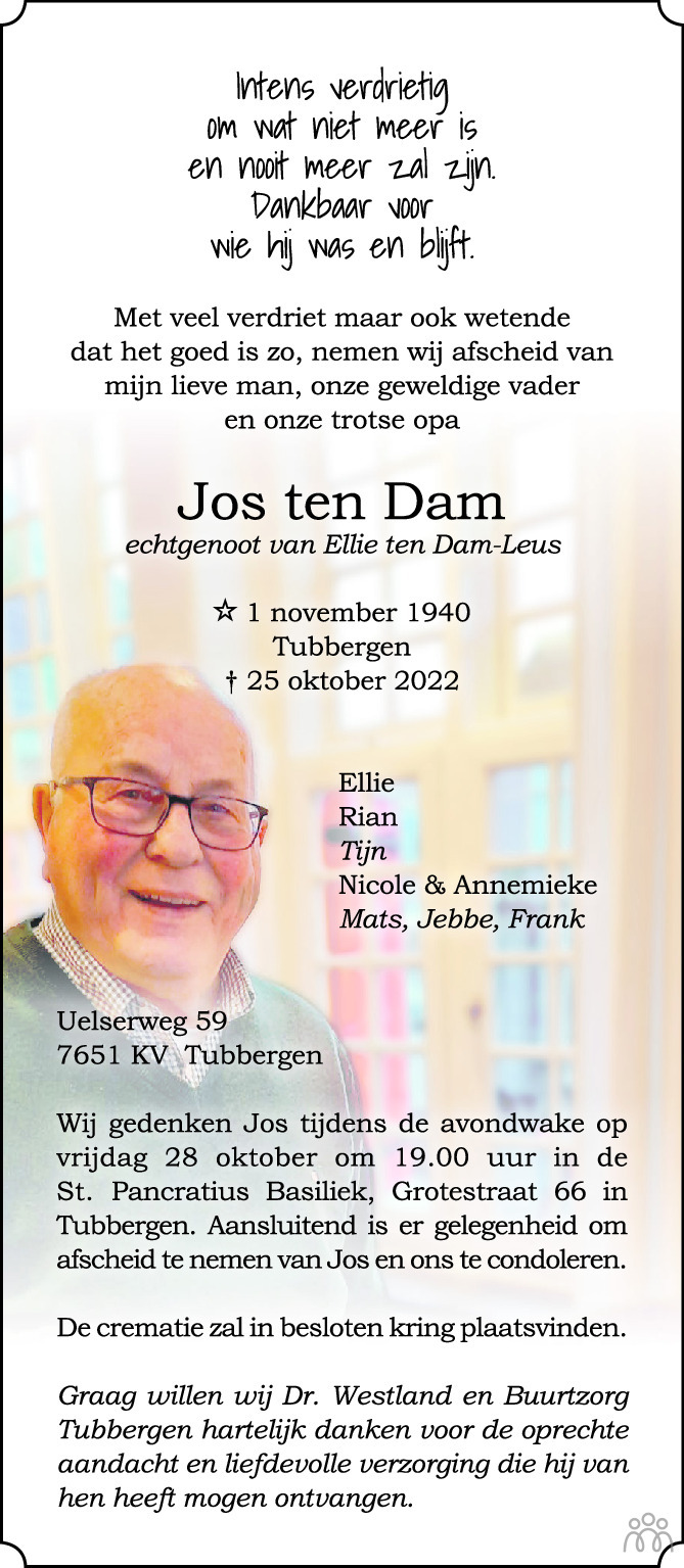 Jos ten Dam 25-10-2022 overlijdensbericht en condoleances - Mensenlinq.nl