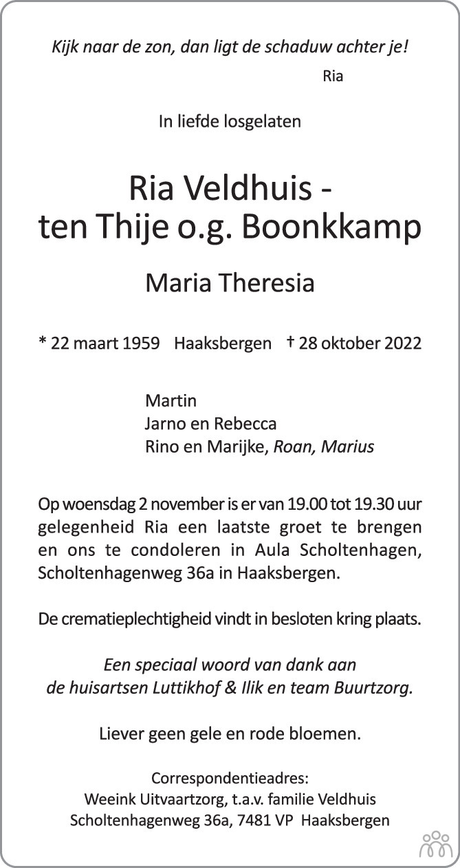 Ria (Maria Theresia) Veldhuis-ten Thije o. g. Boonkkamp 28-10-2022 ...