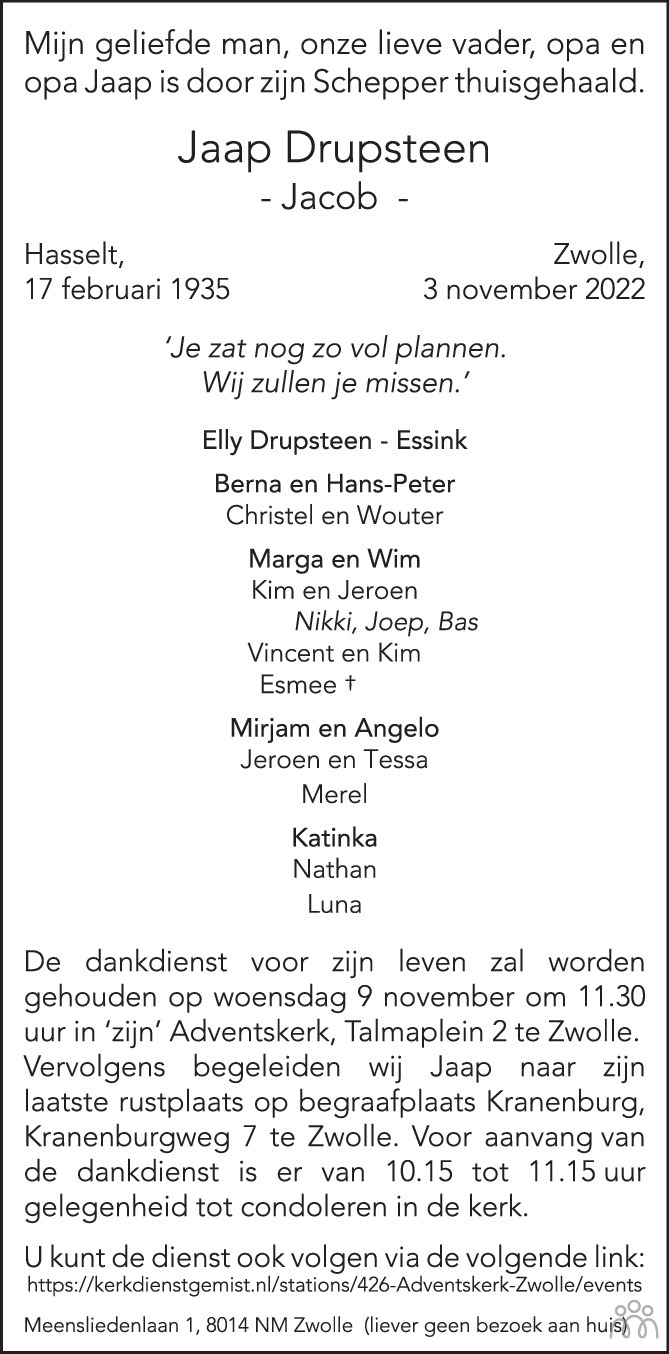 Jaap (Jacob) Drupsteen 03-11-2022 overlijdensbericht en condoleances ...