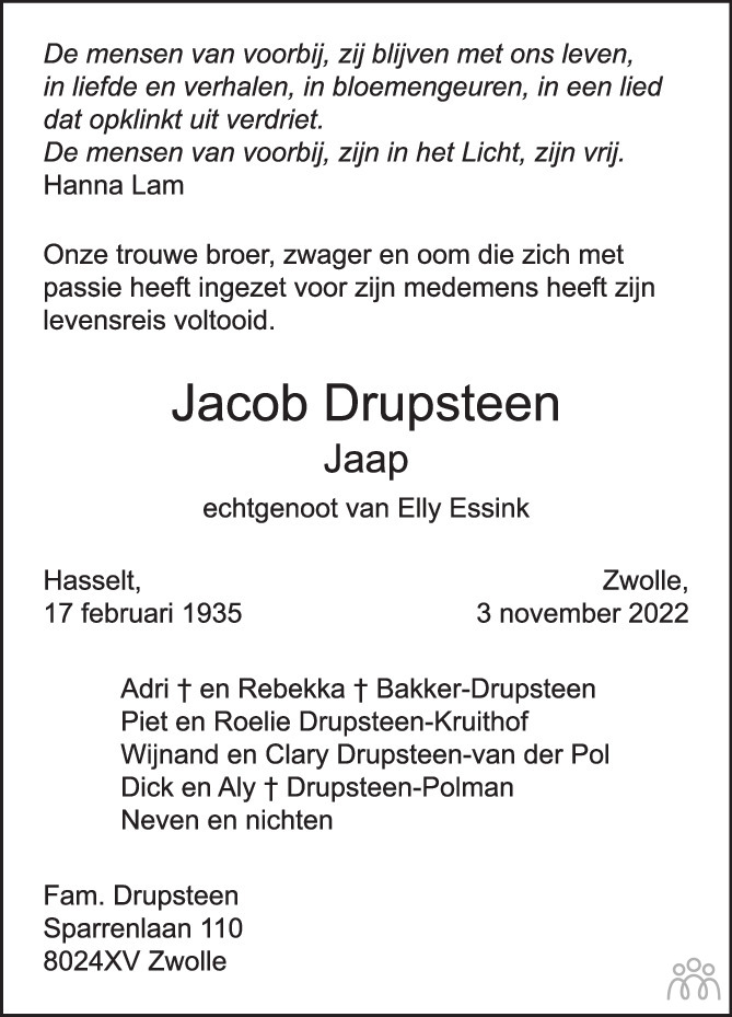 Jaap (Jacob) Drupsteen 03-11-2022 overlijdensbericht en condoleances ...