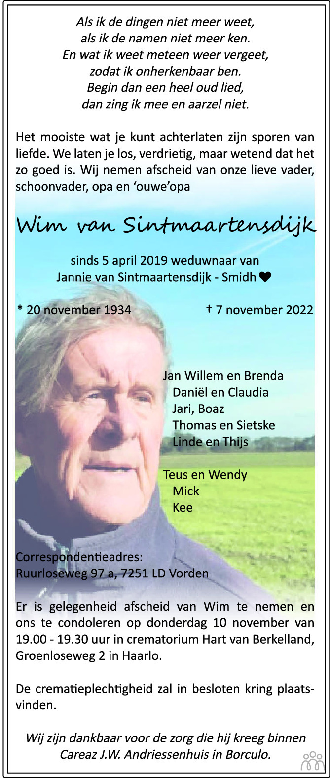 Wim van Sintmaartensdijk 07-11-2022 overlijdensbericht en condoleances - Mensenlinq.nl