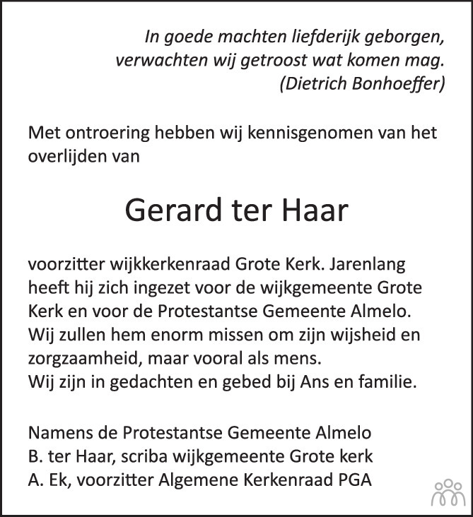Gerard ter Haar 07-11-2022 overlijdensbericht en condoleances ...