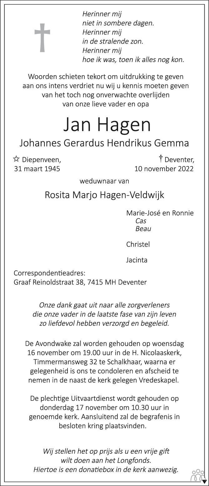 Jan (Johannes Gerardus Hendrikus Gemma) Hagen 10-11-2022 overlijdensbericht en condoleances ...