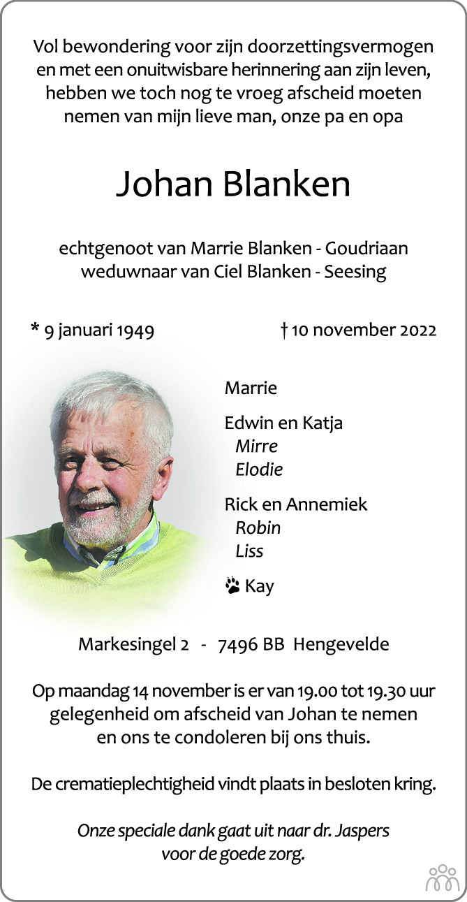 Johan Blanken 10-11-2022 overlijdensbericht en condoleances - Mensenlinq.nl
