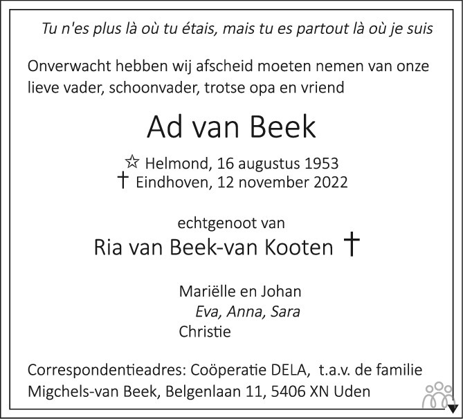 Ad van Beek 12-11-2022 overlijdensbericht en condoleances - Mensenlinq.nl Ad van Beek 12-11-2022 overlijdensbericht en condoleances - Mensenlinq.nl