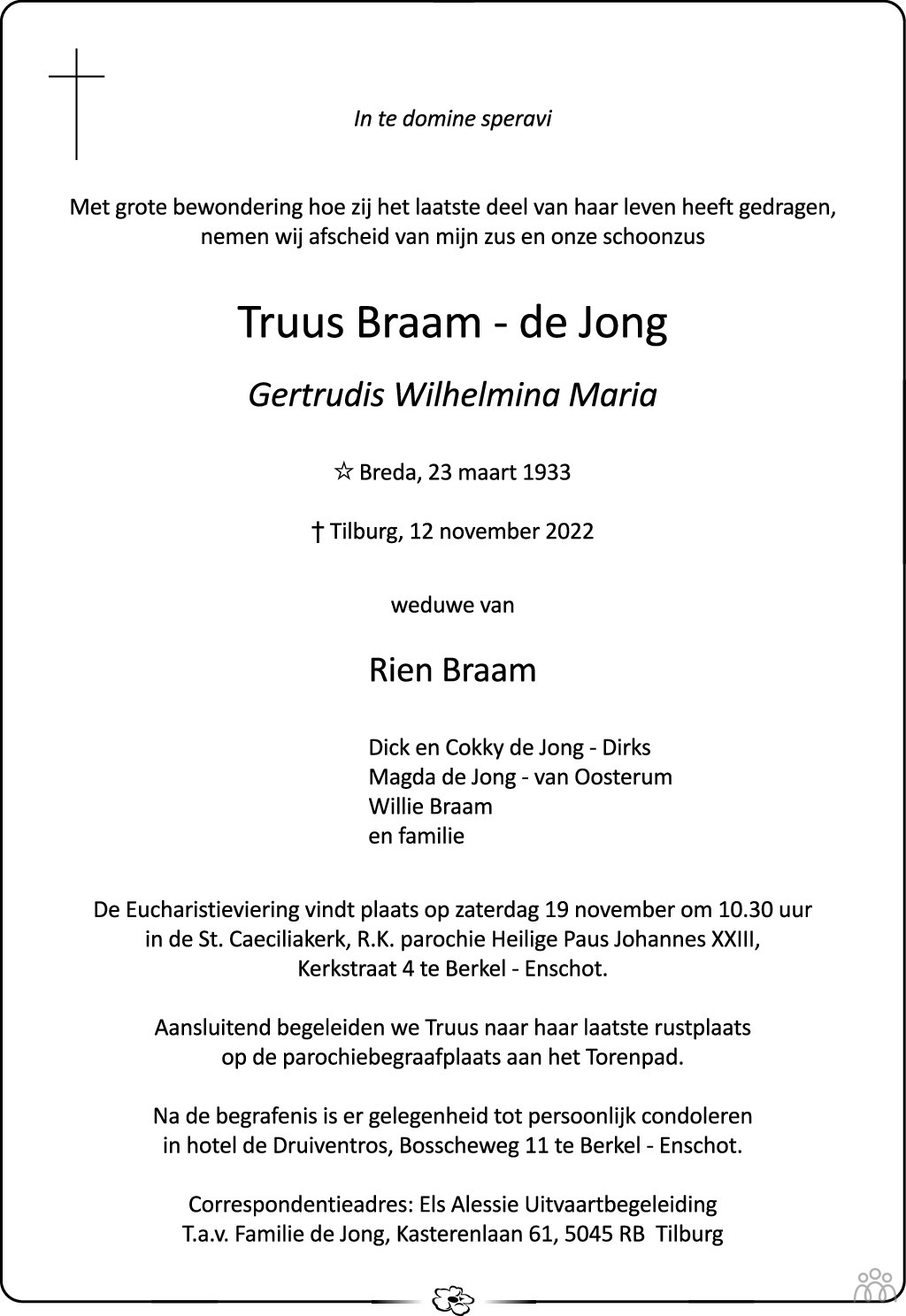 Truus (Gertrudis Wilhelmina Maria) Braam-de Jong 12-11-2022 ...