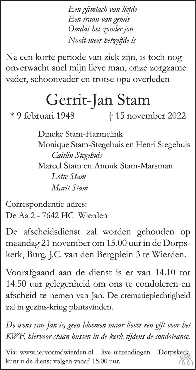 Gerrit-Jan Stam 15-11-2022 overlijdensbericht en condoleances ...
