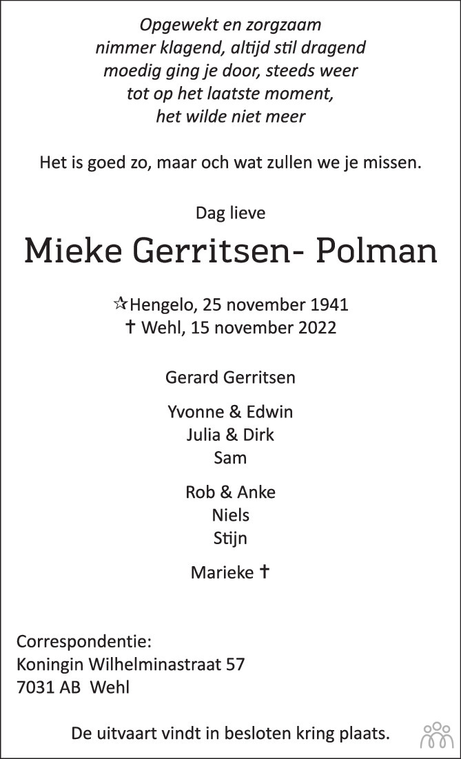 Mieke Gerritsen-Polman 15-11-2022 overlijdensbericht en condoleances - Mensenlinq.nl