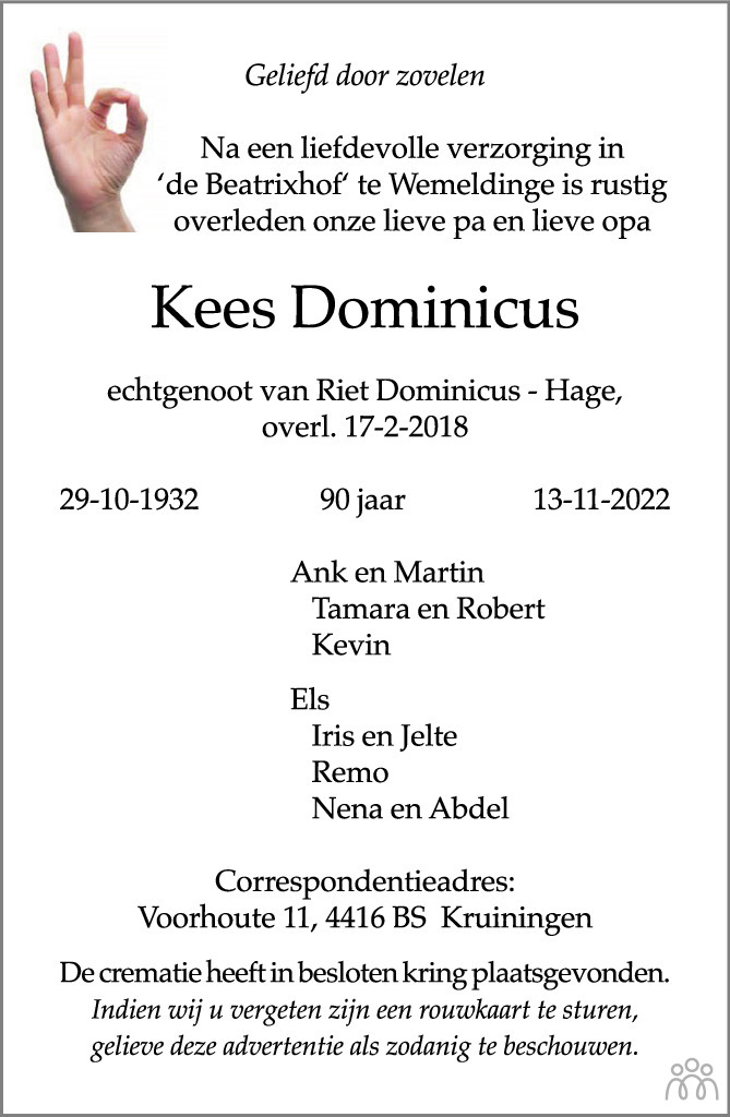 Kees Dominicus 13-11-2022 overlijdensbericht en condoleances ...